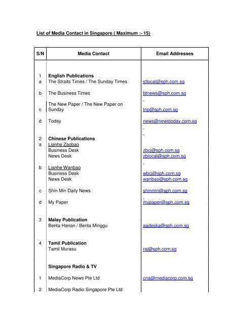 List of Media Contact in Singapore ( Maximum :- 15) S/N Media ...