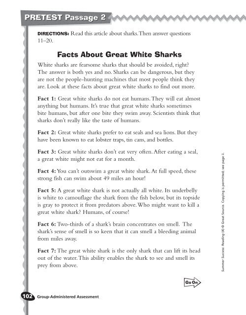 PRETEST Passage 2 Facts About Great White Sharks - Great Source