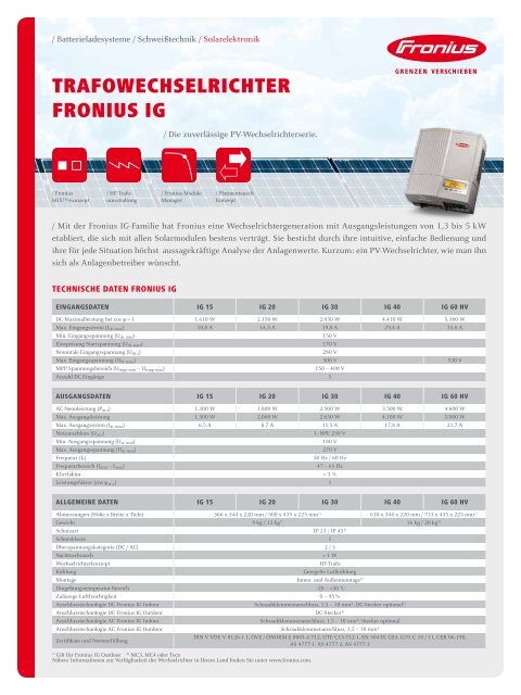 Technische Daten Fronius IG 15 - Fronius International GmbH