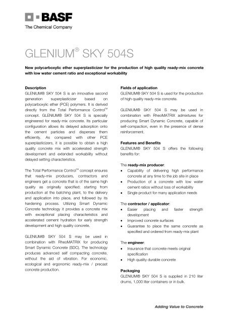 Datasheet - Glenium Sky 504S - BASF Construction Chemicals