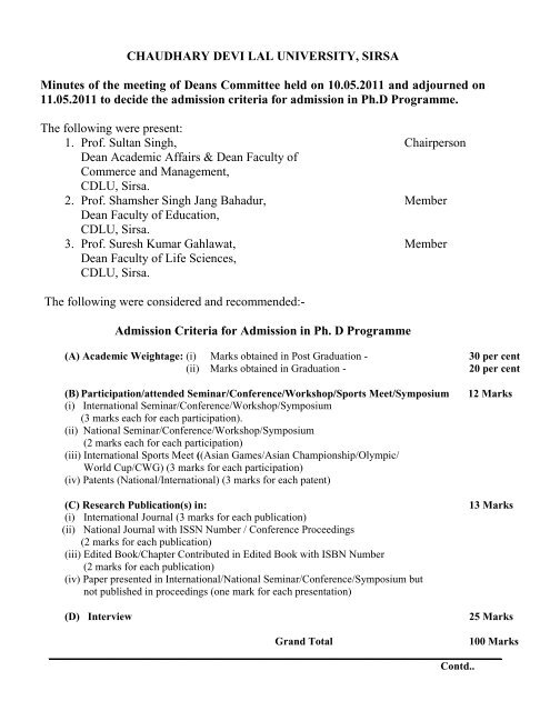 Admission Criteria PhD - Chaudhary Devi Lal University, Sirsa