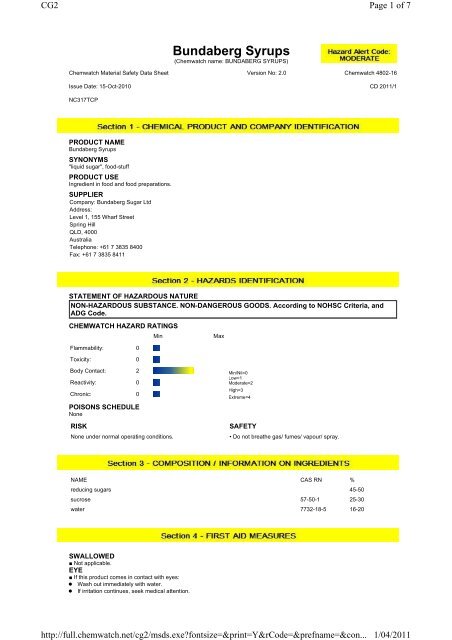 MSDS Golden Syrup - Bundaberg Sugar