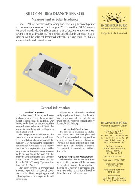 SIlICon IrradIanCe SenSor - Ingenieurbüro Mencke & Tegtmeyer