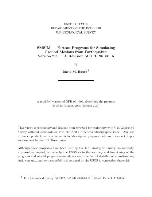 SMSIM — Fortran Programs for Simulating Ground ... - David M. Boore