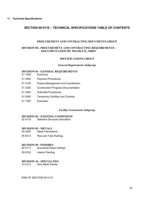 technical specifications table of contents - Miami County