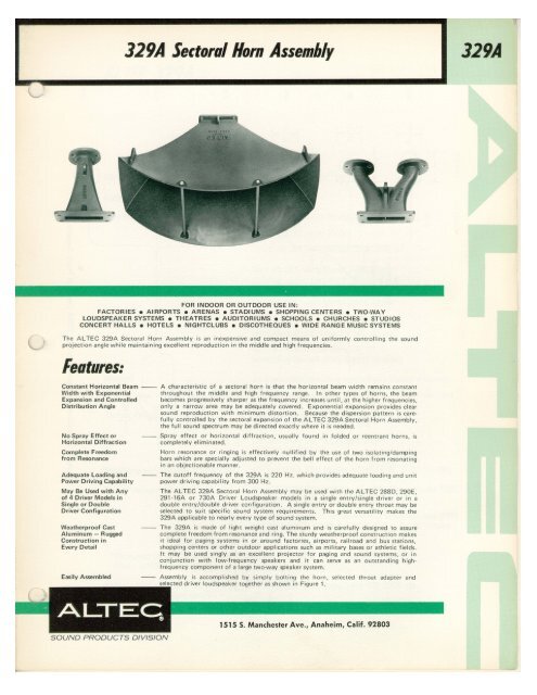 Altec 329A Sectoral Horn Spec Sheet - Great Plains Audio