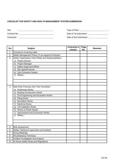 CHECKLIST FOR SAFETY AND