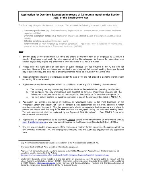 Application for Overtime Exemption in excess of 72 hours a month ...