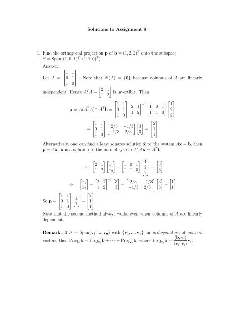 Solutions To Assignment 8 1 Find The Orthogonal Projection P Of B