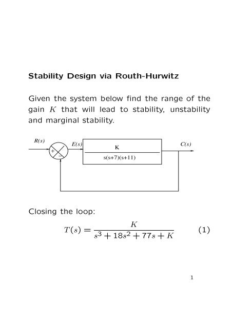Stability Design via Routh-Hurwitz Given the system below find the ...