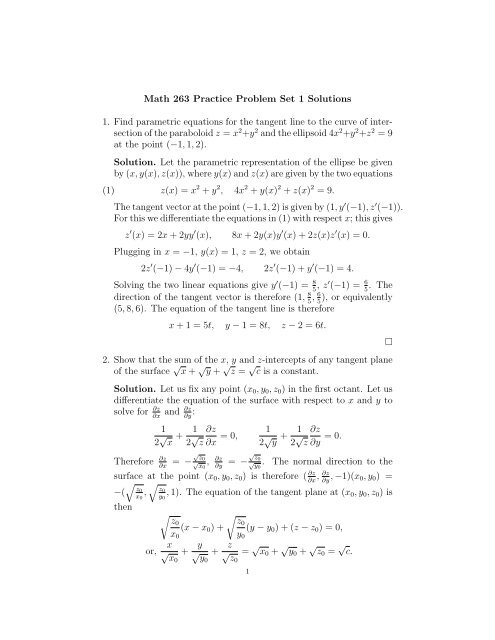 Math 263 Practice Problem Set 1 Solutions 1. Find parametric ...