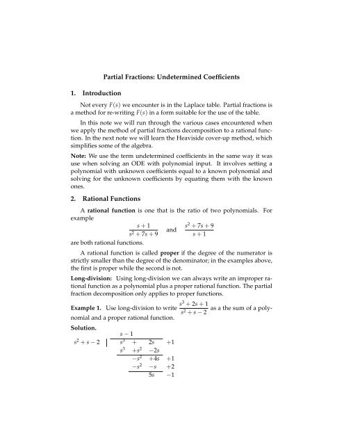 Partial Fractions: Undetermined Coefficients - MIT OpenCourseWare