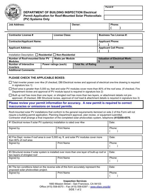 DEPARTMENT OF BUILDING INSPECTION Electrical Permit ...