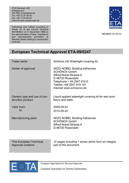 European Technical Approval ETA-09/0247 - ETA-Danmark