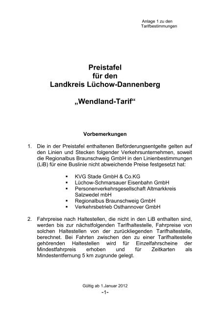 Preistafel für den Landkreis Lüchow-Dannenberg ... - LSE-Bus Preistafel für den Landkreis Lüchow-Dannenberg ... - LSE-Bus