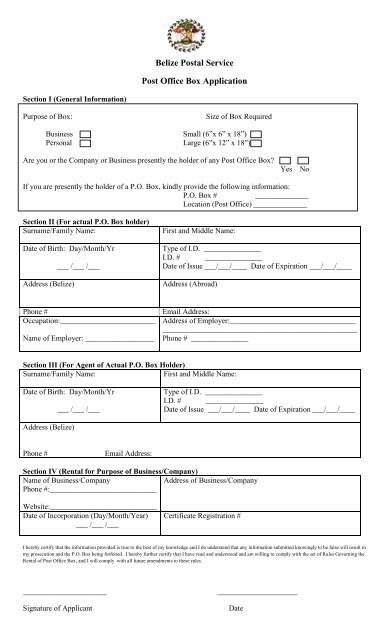 Application To Rent A Post Office Box - Belize Postal Service