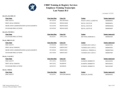 CBRF Training & Registry Services Employee Training Transcripts ...