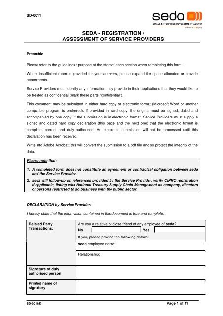 SEDA - REGISTRATION / ASSESSMENT OF SERVICE PROVIDERS
