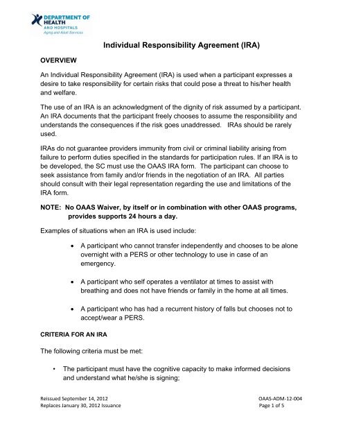 Individual Responsibility Agreement (IRA)