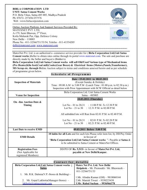 BIRLA CORPORATION LTD UNIT: Satna Cement Works ... - Matexnet