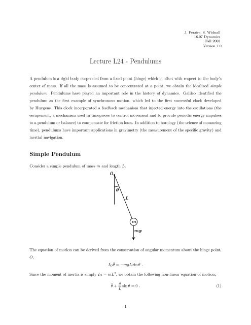 Lecture L24 - Pendulums - MIT OpenCourseWare