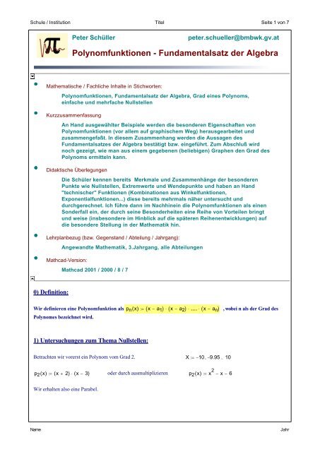 Polynomfunktionen - Fundamentalsatz der Algebra - MATHEMATIK ...