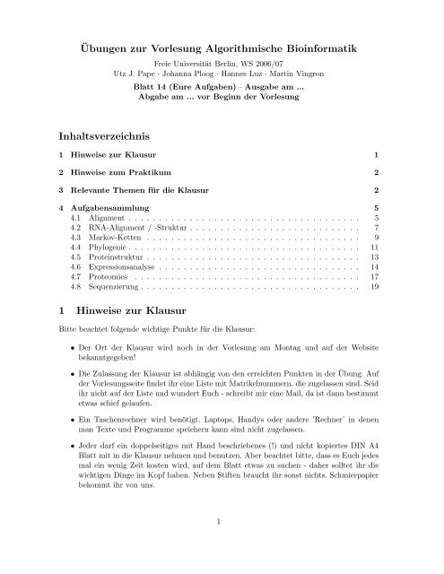 ¨Ubungen zur Vorlesung Algorithmische Bioinformatik ... - Lectures