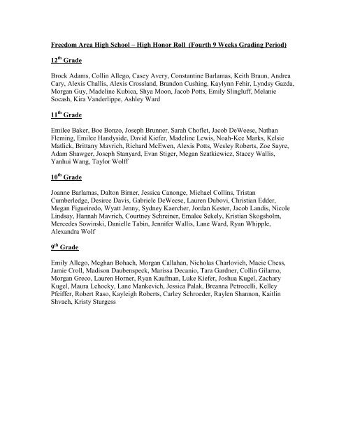 High Honor Roll (Fourth 9 Weeks Grading Period) - Freedom Area ...
