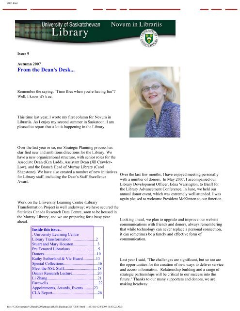 Fall 2007 - University Library - University of Saskatchewan