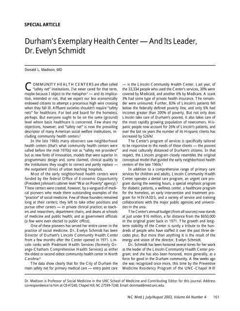 And Its Leader, Dr. Evelyn Schmidt - North Carolina Medical Journal