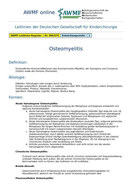 AWMF online - Leitlinie Kinderchirurgie: Osteomyelitis