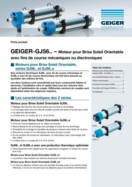 GEIGER-GJ56.. â Moteur pour Brise Soleil Orientable avec fins de ...