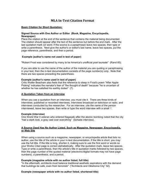 MLA In-Text Citation Format