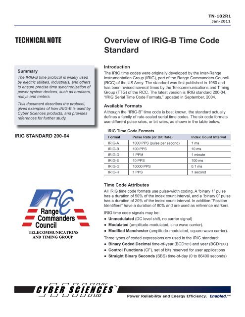 Overview of IRIG-B Time Code Standard - Cyber Sciences