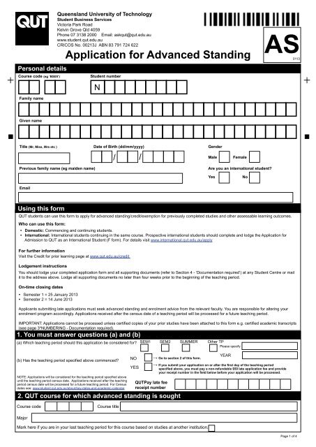 Application for Advanced Standing - QUT - Queensland University of ...