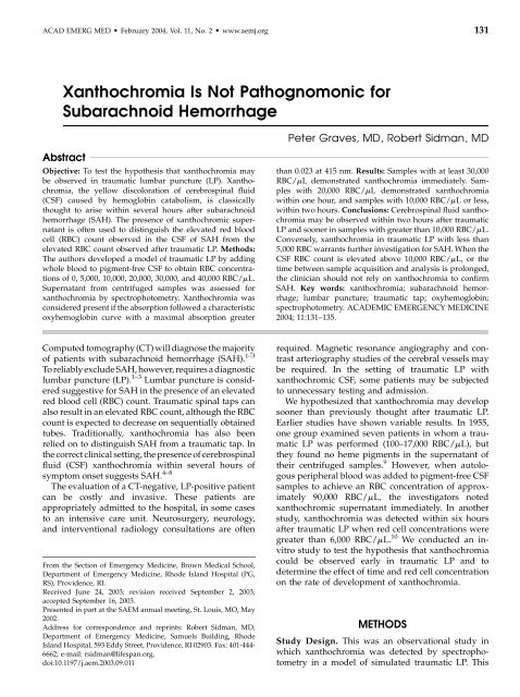 Xanthochromia Is Not Pathognomonic for Subarachnoid Hemorrhage