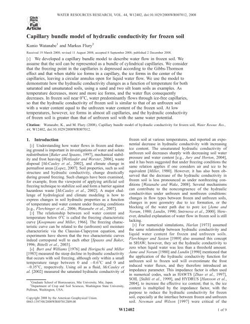 Capillary bundle model of hydraulic conductivity for frozen soil