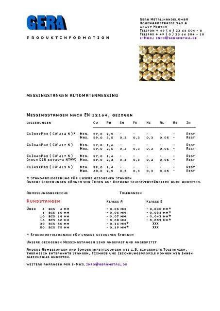 Messingstangen nach EN 12164, gezogen Rundstangen ...
