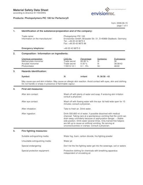 MSDS PIC100 - EnvisionTEC