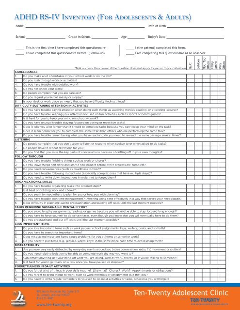 ADHD RS-IV InVentoRy (FoR ADoleScentS & ADultS)