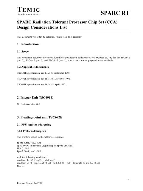 ERC32 CCA Chipset Errata Sheet Rev A 10 - Microelectronics