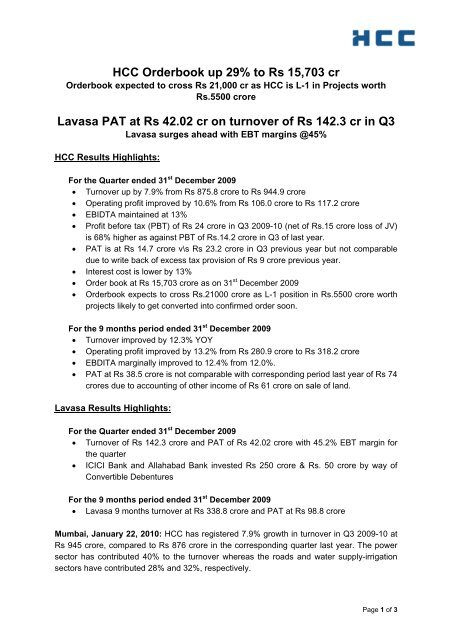 HCC Orderbook up 29% to Rs 15703 cr - Hindustan Construction ...