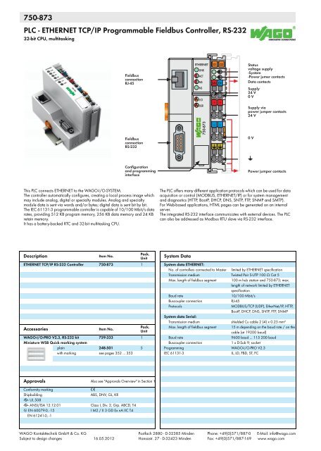 750-873; ETHERNET TCP/IP Controller RS-232 - Wago