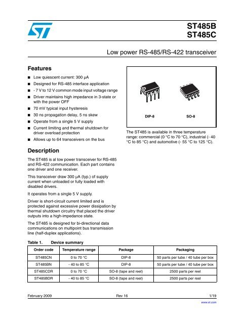 Low power RS-485/RS-422 transceiver - STMicroelectronics