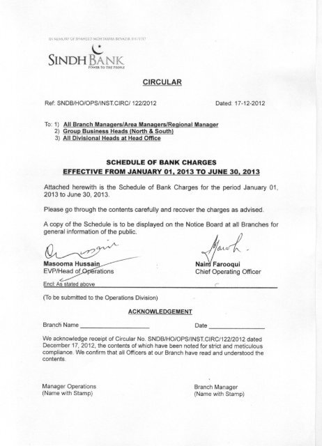 Schedule of Bank Charges 2013 - Sindh Bank Limited