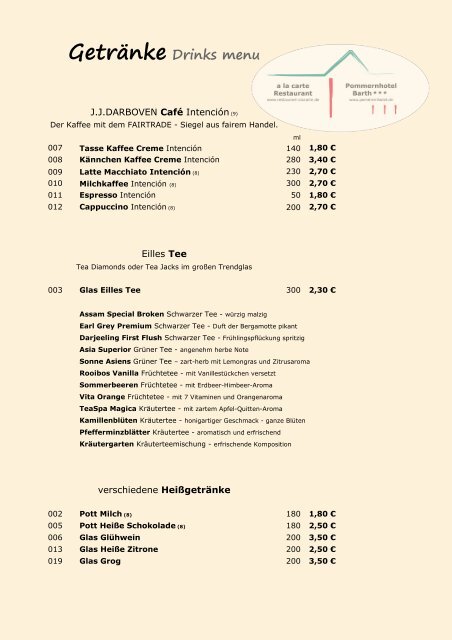 Getränke Drinks menu - Restaurant