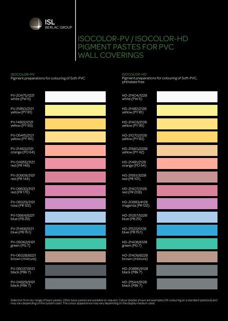 Colour shades ISOCOLOR-PV und -HD - iSL-Chemie