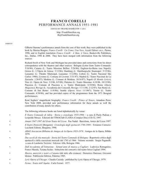 Franco Corelli · Performance Annals 1951 - 1891 - Frank Hamilton