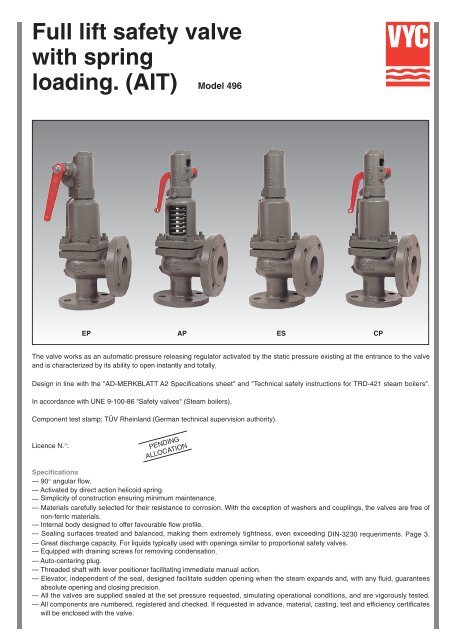 Full lift safety valve with spring loading. (AIT) Model 496