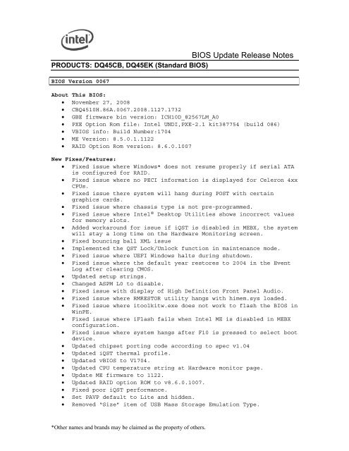 PRODUCTS: DQ45CB, DQ45EK (Standard BIOS) - Intel